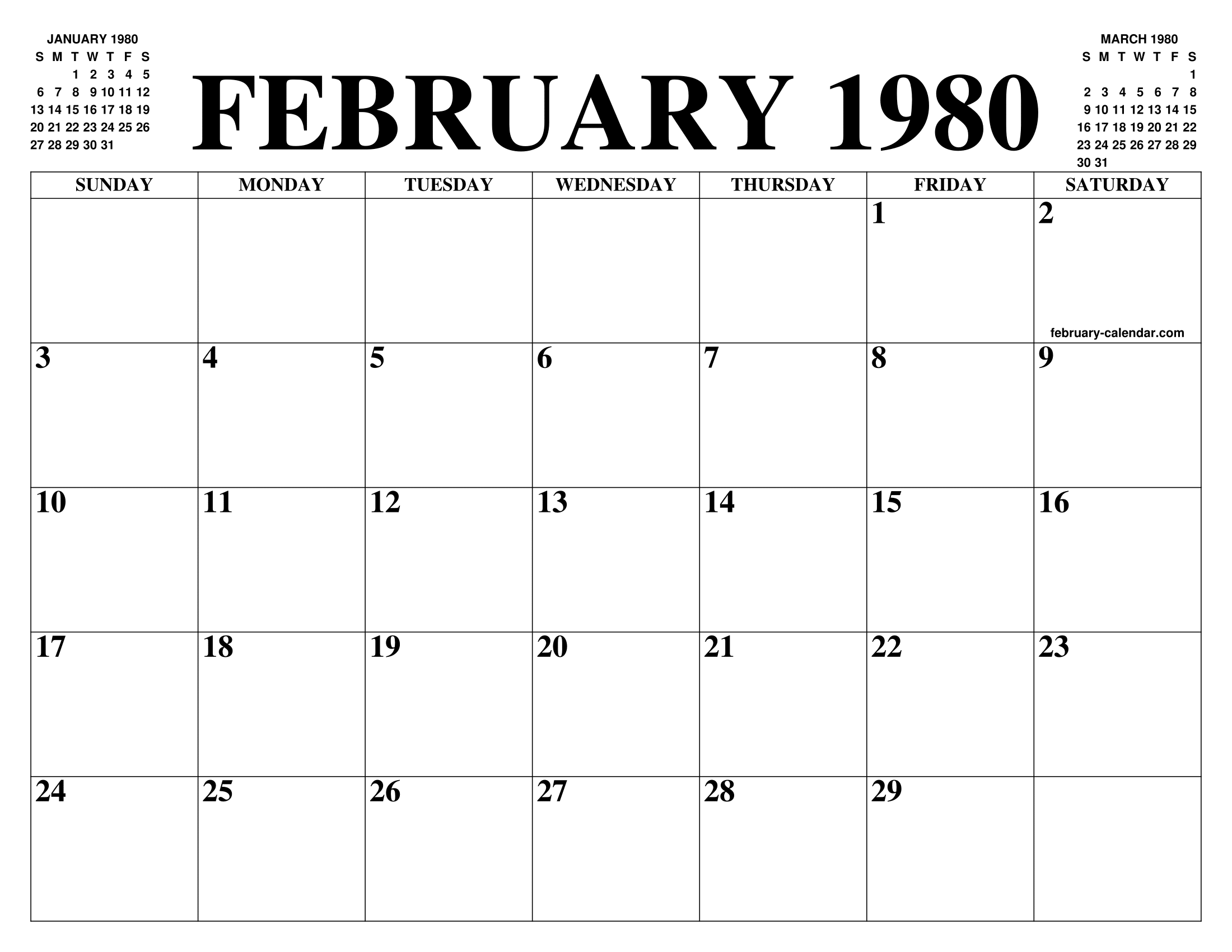 FEBRUARY 1980 CALENDAR OF THE MONTH FREE PRINTABLE FEBRUARY CALENDAR FEBRUARY 1980 CALENDAR OF THE MONTH FREE PRINTABLE FEBRUARY CALENDAR